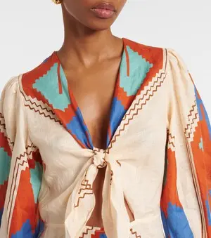 Johanna Ortiz Printed Linen Midi Dress With Tie Detail - Multicoloured