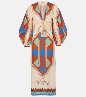 Johanna Ortiz Johanna Ortiz Printed Linen Midi Dress With Tie Detail Multicoloured