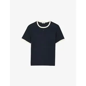 Sandro Branded Contrast-trim Cotton-jersey T-shirt S Bleus