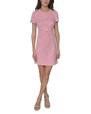 Karl Lagerfeld Paris Knit Tweed A-line Dress With Flower Buttons - Pink Sherbert/soft White