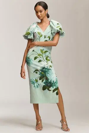 Bhldn Puff-sleeve V-neck Stretch Midi Dress - Mint