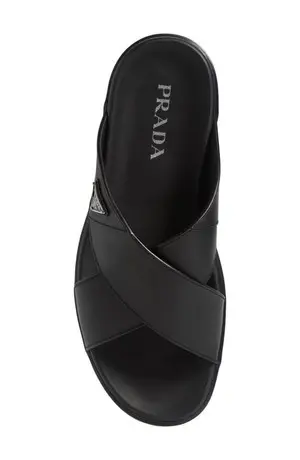 Prada Criss-cross Leather Slide Sandal - Nero