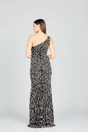 LARA NEW YORK One-shoulder Beaded Gown With Slit - Blacksilver