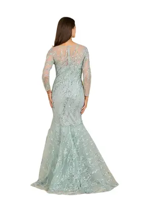 LARA NEW YORK Long Sleeve Beaded Mermaid Gown - Seafoam