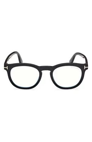 TOM FORD 50mm Round Frame Blue Light Blocking Glasses - Black/ Gold Eco / T Logo
