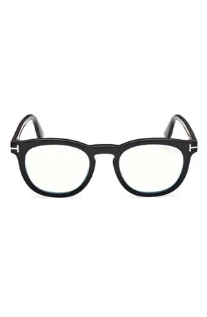 TOM FORD 50mm Round Frame Blue Light Blocking Glasses - Black/ White Eco / T Logo