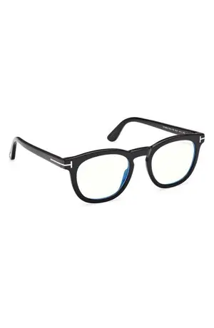 TOM FORD 50mm Round Frame Blue Light Blocking Glasses - Black/ White Eco / T Logo