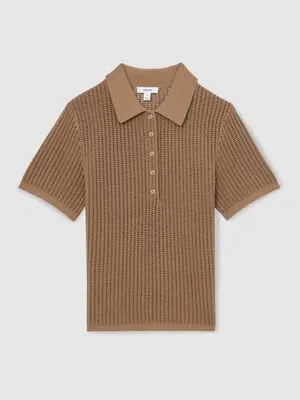 REISS Evi Cotton-blend Open-knit Polo Shirt - Tan