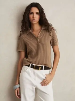 REISS Evi Cotton-blend Open-knit Polo Shirt - Tan
