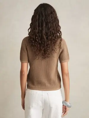 REISS Evi Cotton-blend Open-knit Polo Shirt - Tan