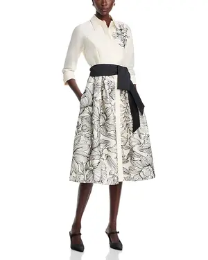 Rickie Freeman For Teri Jon Floral Embroidered Shirt Dress - Ivory Black