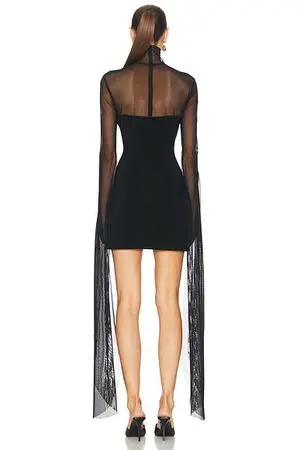 Norma Kamali Ribbon Sleeve Turtleneck Mesh Mini Dress