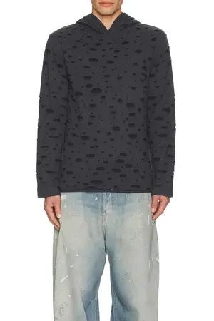 Acne Studios Trashed Hooded Long Sleeve Tee In Black