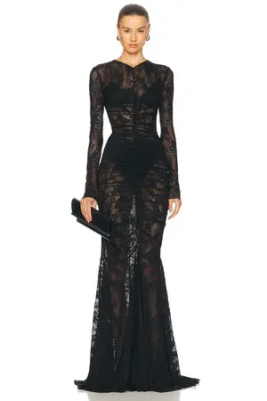 Norma Kamali Long Sleeve V Neck Shirred Front Fishtail Gown - Black