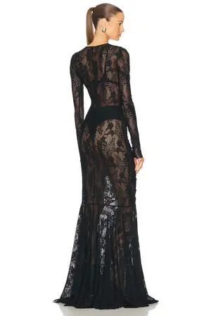 Norma Kamali Long Sleeve V Neck Shirred Front Fishtail Gown - Black