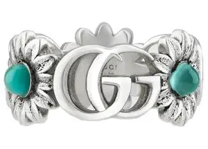Gucci Double G Flower Ring With Blue Topaz Stones - Silver