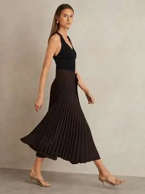 REISS Ava Pleated Midi Skirt - Chocolate Brown
