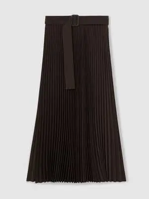 REISS Ava Pleated Midi Skirt - Chocolate Brown
