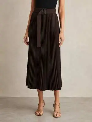 REISS Ava Pleated Midi Skirt - Chocolate Brown