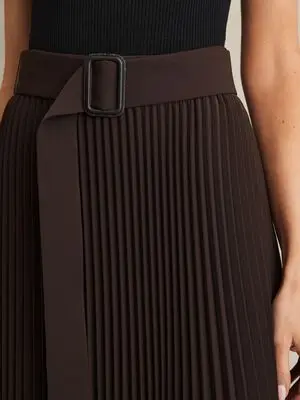 REISS Ava Pleated Midi Skirt - Chocolate Brown
