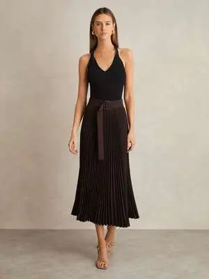 REISS Ava Pleated Midi Skirt - Chocolate Brown
