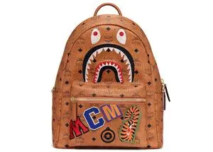 Mcm X Bape Shark Stark Visetos Backpack - Cognac