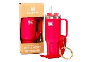 STANLEY Water Bottle Keychain Christmas Tree Ornament - Strawberry Red Shimmer