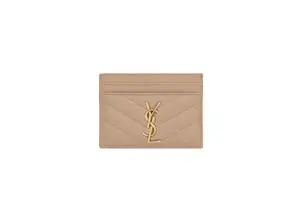 Saint Laurent Cassandre Matelasse Card Case In Grain De Poudre Embossed Leather Dark Beige