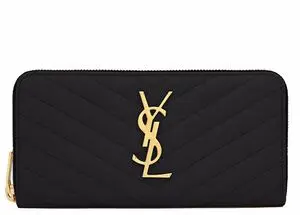 Saint Laurent Zip Around Wallet Large Monogram Grain De Poudre - Black