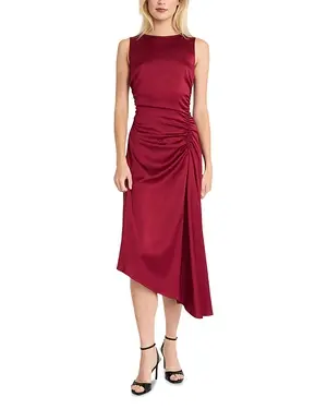 LUXELY Boat Neck Asymmetric Midi Dress - Red