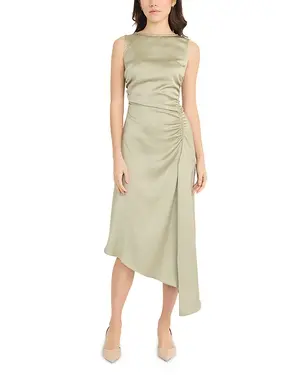 LUXELY Boat Neck Asymmetric Midi Dress - Tea