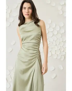 LUXELY Boat Neck Asymmetric Midi Dress - Tea