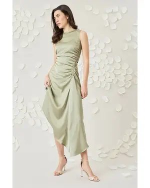LUXELY Boat Neck Asymmetric Midi Dress - Tea