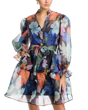 nancy yang ruffled sheer sleeve dress Nancy Yang Floral Dress