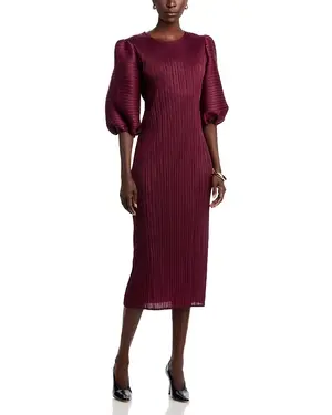 NANCY YANG Puff Sleeve Crinkled Dress - Wine