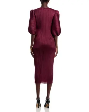 NANCY YANG Puff Sleeve Crinkled Dress - Wine