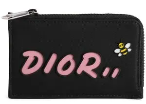 Dior X Kaws Zipped Card And Coin Holder Pink Logo Nylon - Black