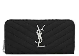 Saint Laurent Monogram Zip Around Wallet Matelasse Grain De Poudre - Black