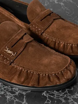 Saint Laurent Logo-embellished Suede Penny Loafers - Brown