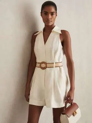 REISS Anjie Linen Playsuit With Belt - Cream