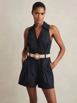 REISS Anjie Linen Playsuit With Belt - Navy