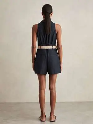 REISS Anjie Linen Belted Collar Playsuit
