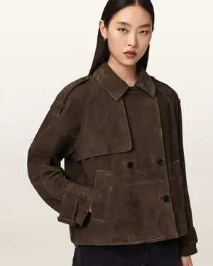 ALLSAINTS Reya Cropped Suede Mac - Brown