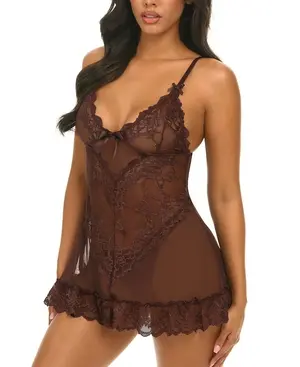 OH LA LA CHERI Valentine Soft Cup Lace Babydoll With Bows And G-string Panty Puce