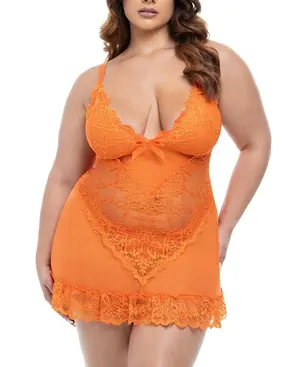 OH LA LA CHERI Plus Valentine Soft Cup Lace Babydoll With Bows And G-string Panty - Dragon Fire