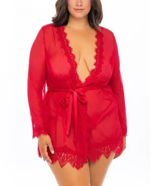 OH LA LA CHERI Provence Eyelash Lace Robe With Sash And G-string Panty - Red
