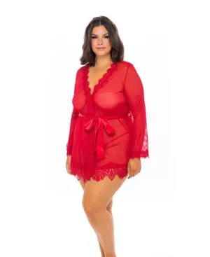 OH LA LA CHERI Provence Eyelash Lace Robe With Sash And G-string Panty - Red