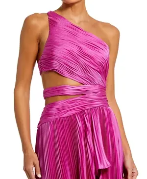 Mac Duggal One Shoulder Pleated Charmeuse Gown With Slit - Fuchsia