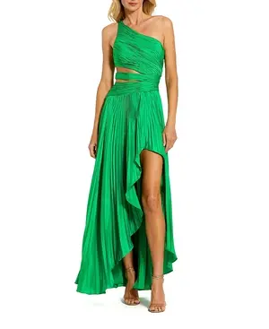 Mac Duggal One Shoulder Pleated Charmeuse Gown With Slit - Spring Green