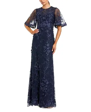 Mac Duggal Flutter Sleeve Floral Embroidered Net Gown - Midnight